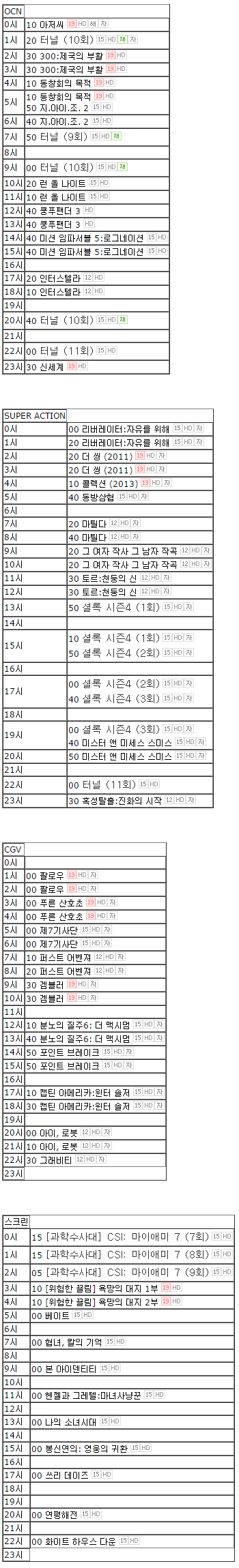 [케이블 영화 편성표 - 4월 29일] OCN·SUPER ACTION·채널CGV·스크린